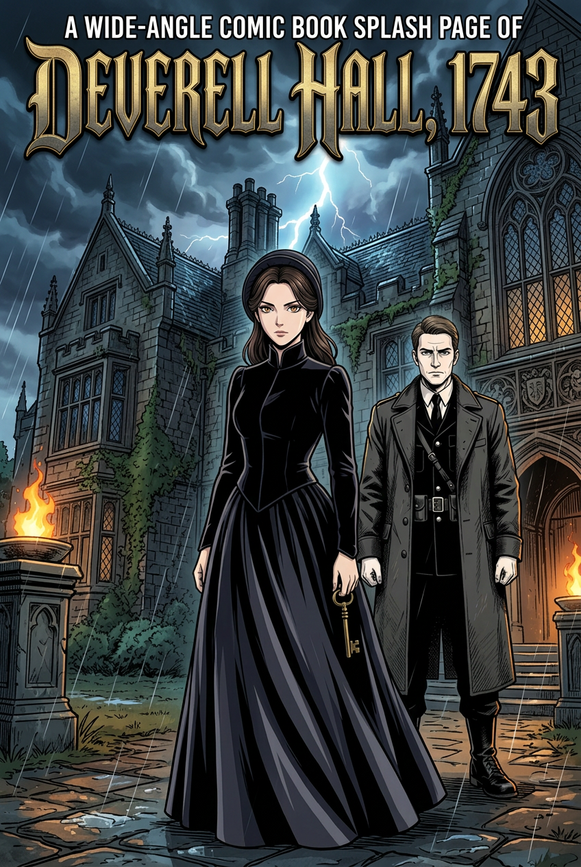 A wide-angle comic book splash page of Deverell Hall, 1743 | ComicInk