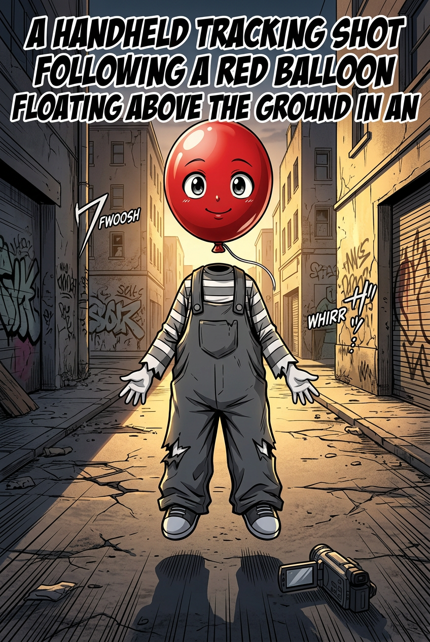 A handheld tracking shot following a red balloon floating above the ...