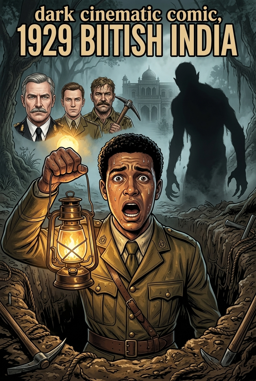 dark cinematic comic, 1929 British India, colonial era, gritty realism ...