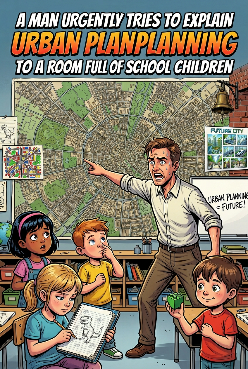 A man urgently tries to explain urban planning to a room full of school ...