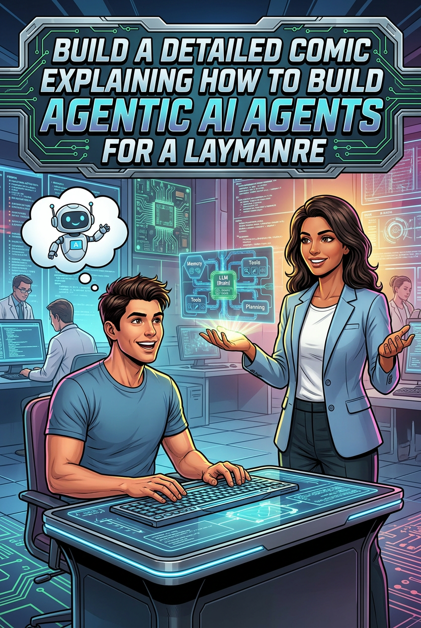Build a detailed comic explaining how to build Agentic AI agents for a ...