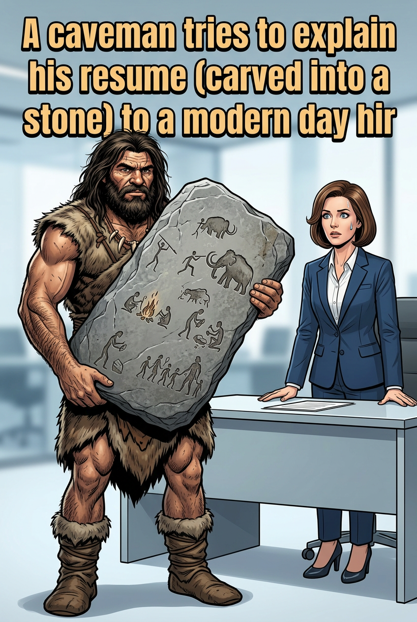 A caveman tries to explain his resume (carved into a stone) to a modern ...